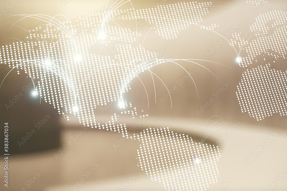 Double exposure of abstract digital world map hologram with connections ...