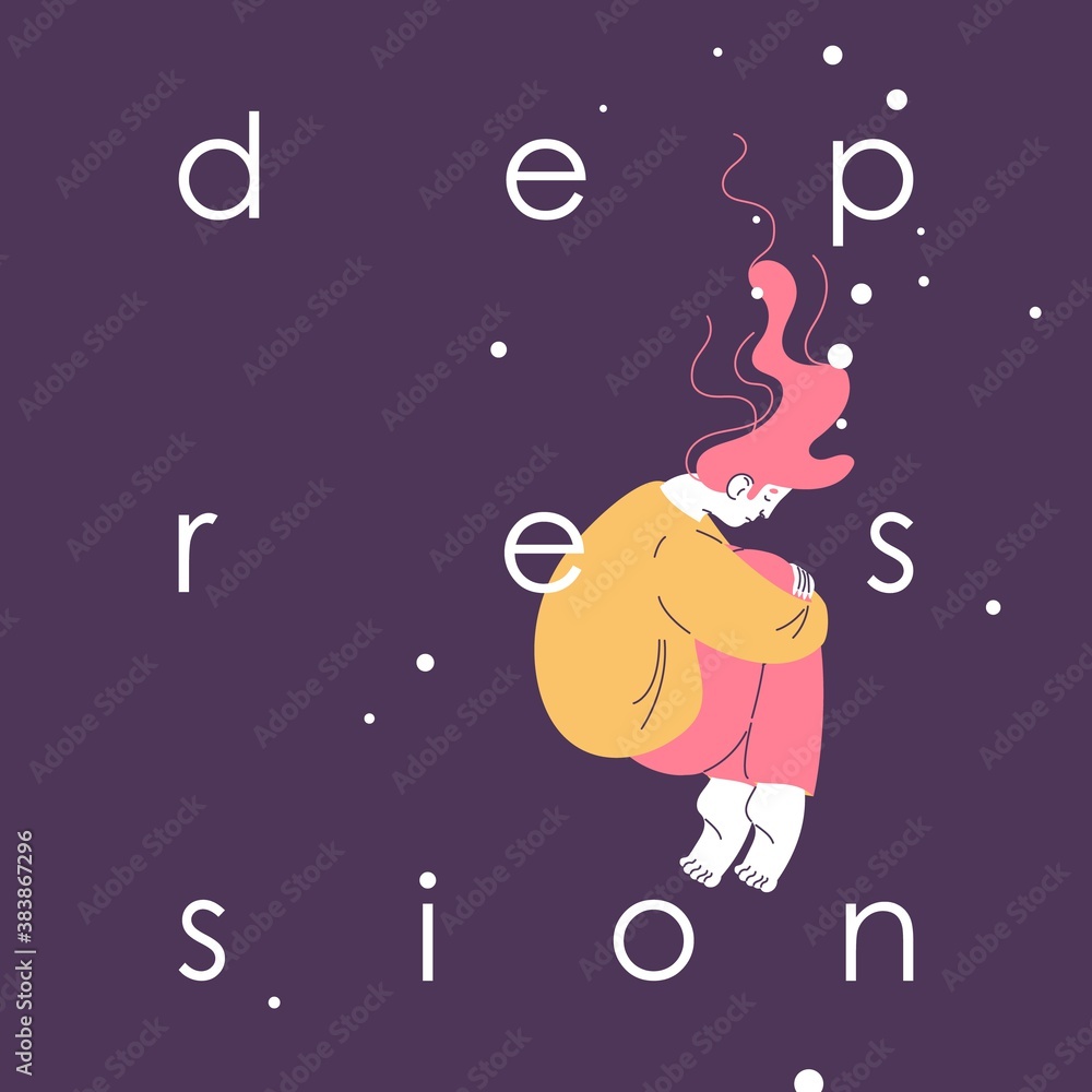 Depression concept illustration with woman drowning into the sea of ...