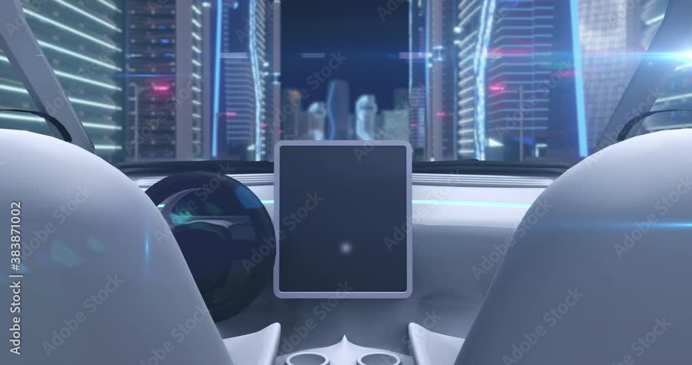 Video game simulation screen showing car cockpit driving through city ...