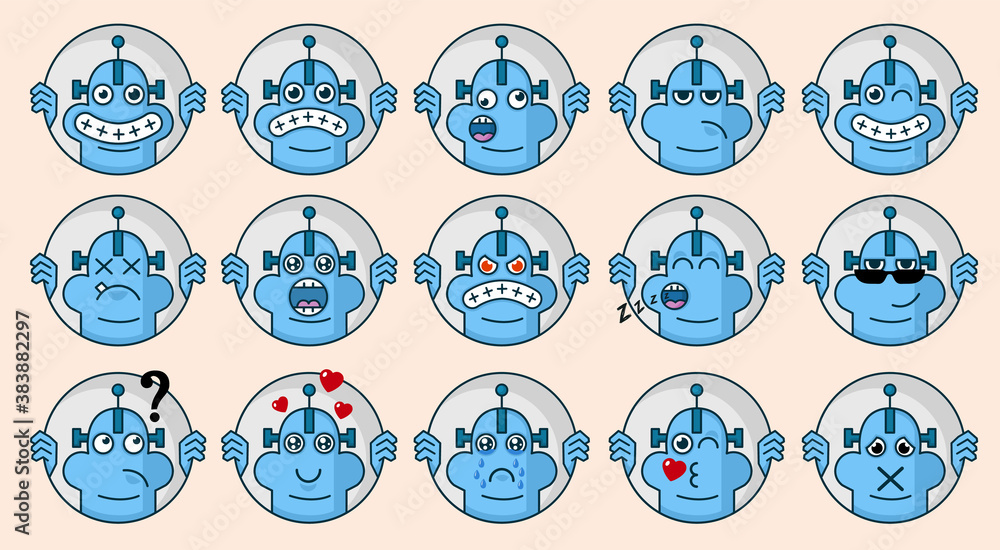 Set of cute android with different emotions. Character cartoon robot ...
