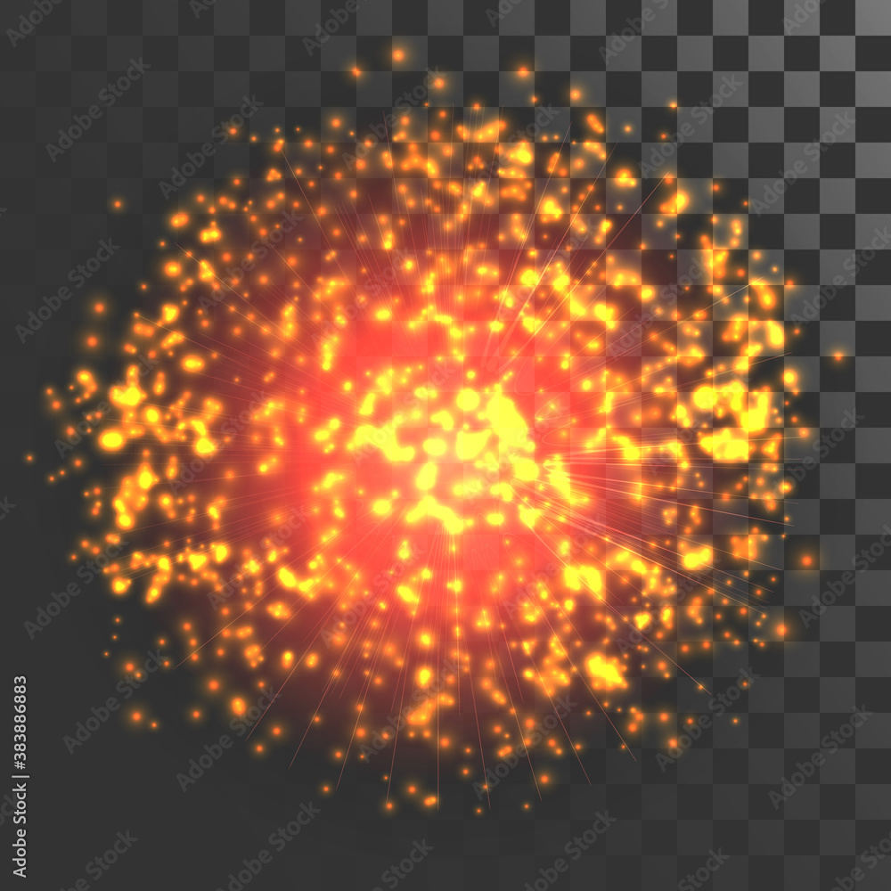 Fiery explosion over a black background. Golden Glow light effect. Star ...