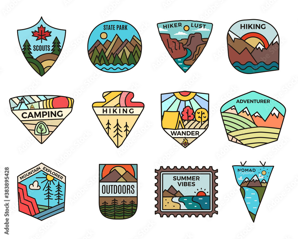 Camping adventure logos set, Vintage travel emblems. Hand drawn hiking ...