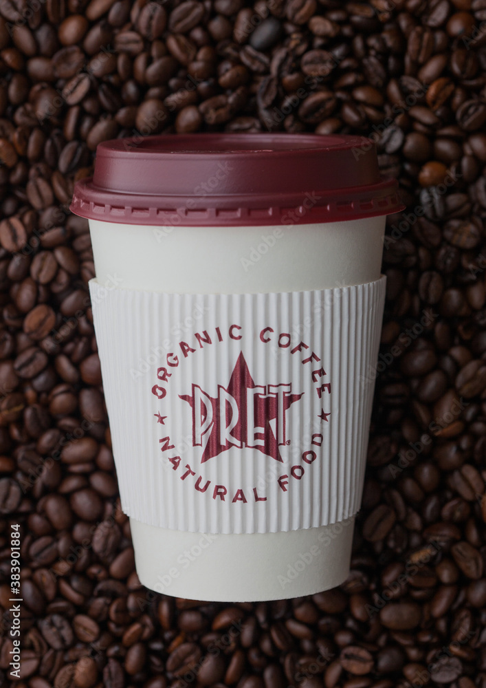 LONDON, UK - SEPTEMBER 09, 2020: Paper cup for takeaway of Pret a ...