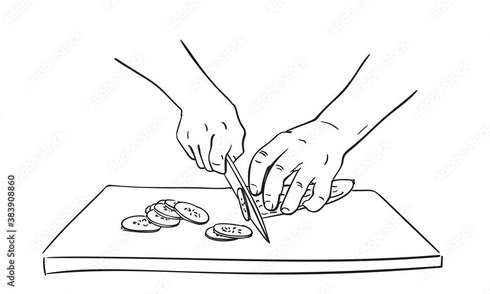 Close up hands cutting cucumber with knife on chopping board, Vector ...