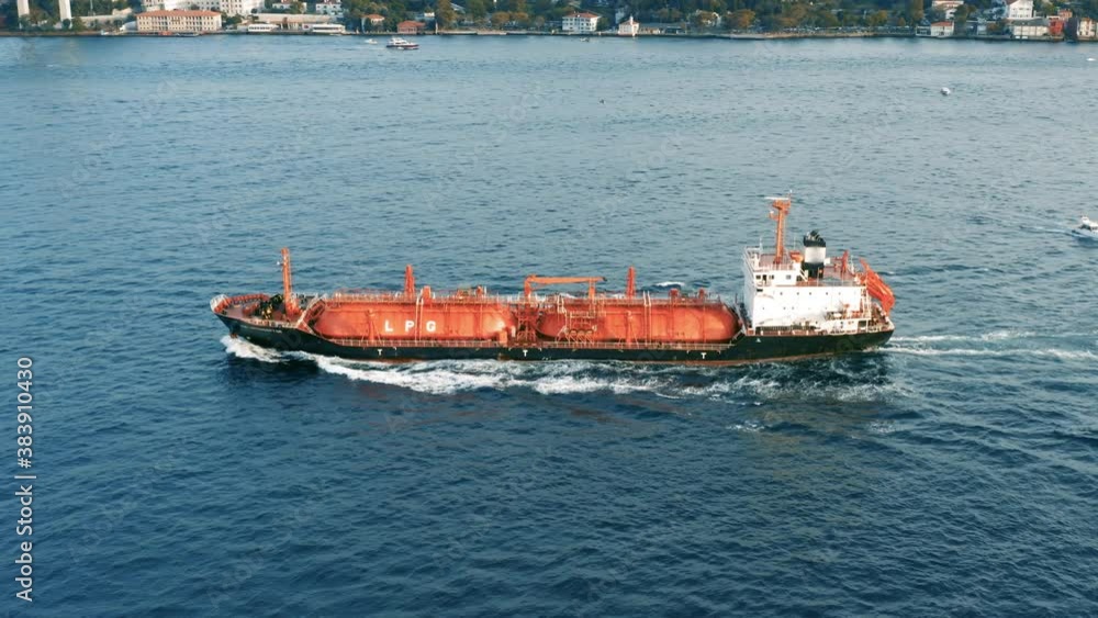 Oil tanker (LPG or chemical) is floating at sea oil port terminal. Oil ...
