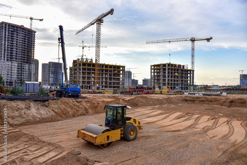 Vibration single-cylinder road roller leveling the ground for the ...