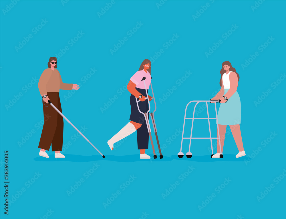 disability women cartoons with wheelchair prosthesis and cast vector ...