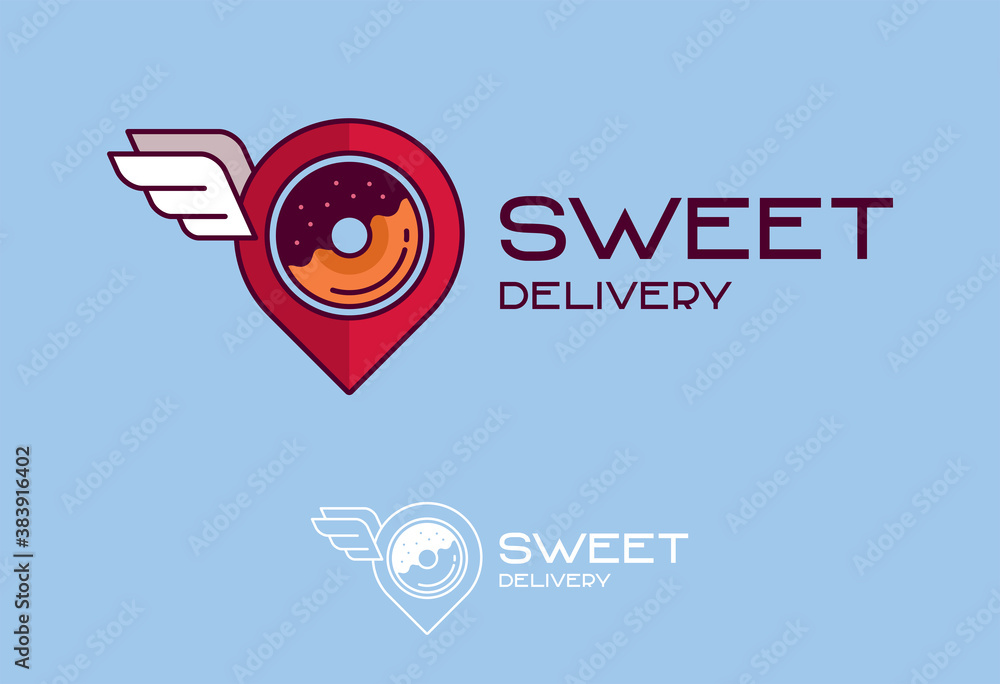 Logo for the food delivery service. Donut on the map placemarks with ...