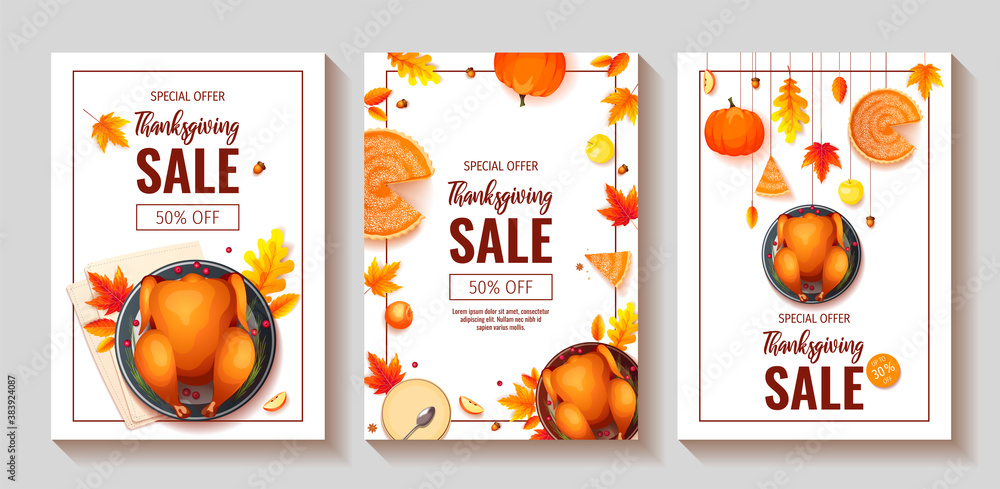 Set of Thanksgiving Day promo sale flyers on the white backgrounds ...