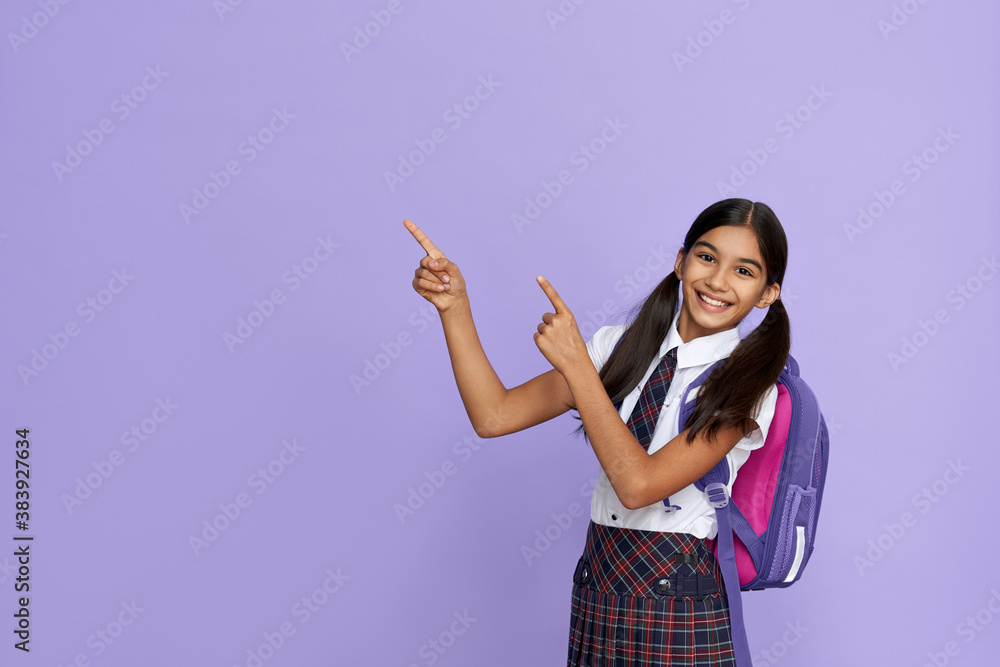 Happy indian kid primary elementary school girl with backpack wearing ...