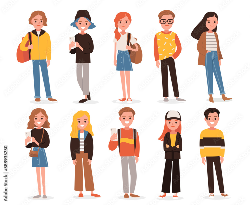 Big set group of diverse flat cartoon characters people teenagers in ...