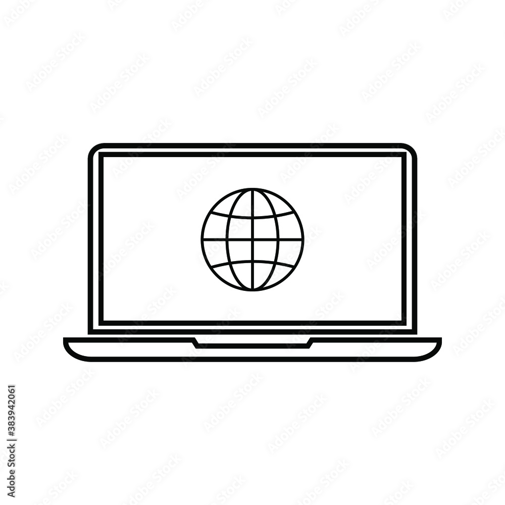 Globe on screen of laptop icon flat style in trendy design isolated ...