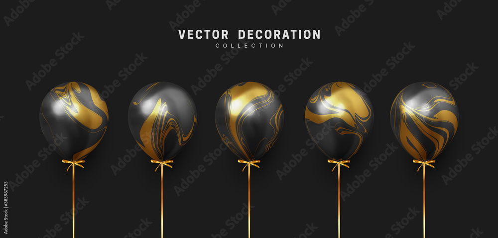 Set of realistic air helium balloons with ribbon. White with gold ...