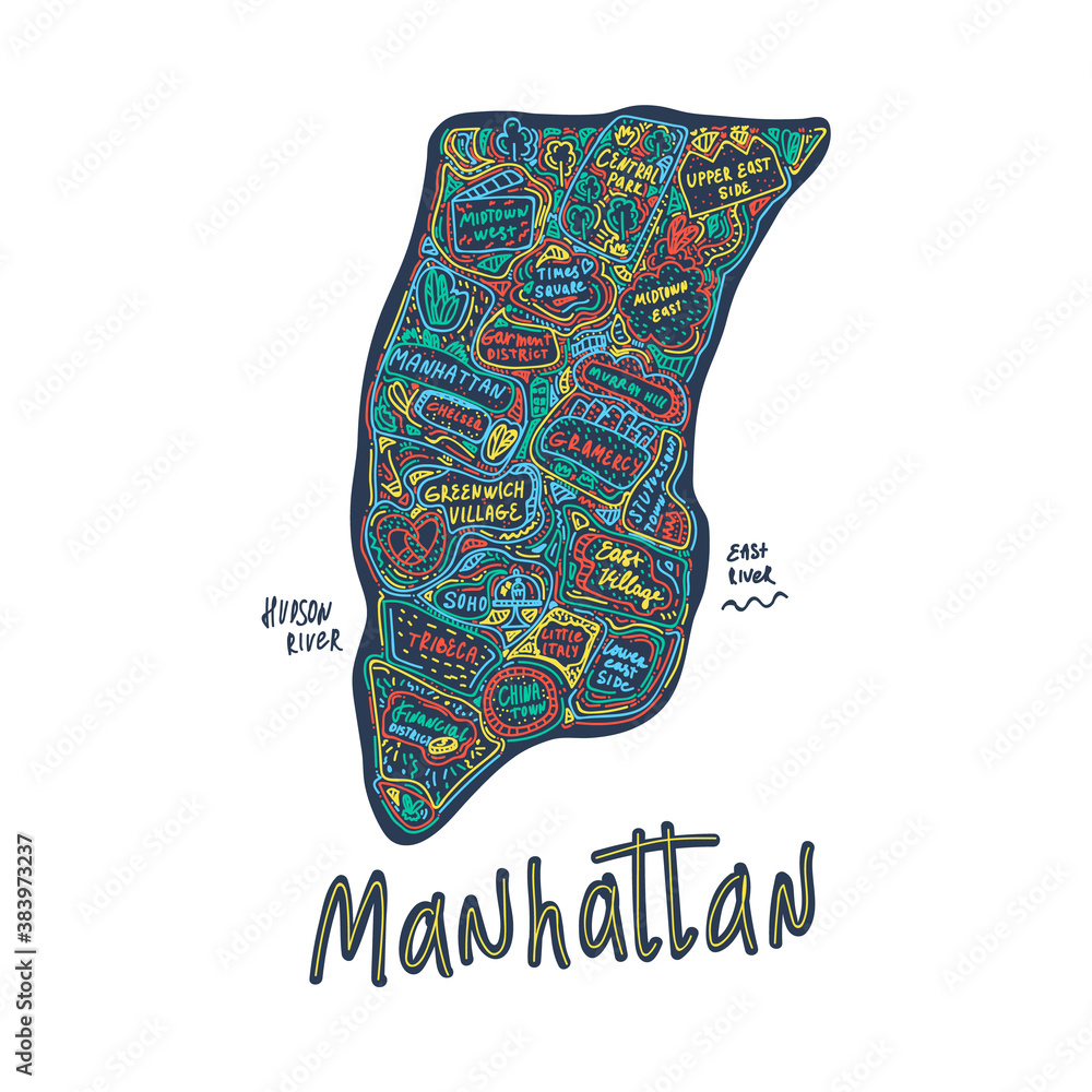 Color Map of Manhattan, new York city, USA. Hand-drawn illustration in ...