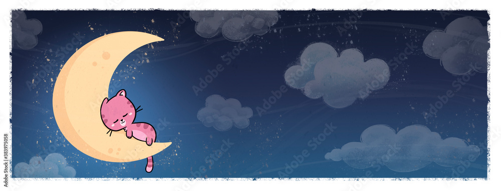 Cat sleeping on the moon at night Stock Illustration | Adobe Stock