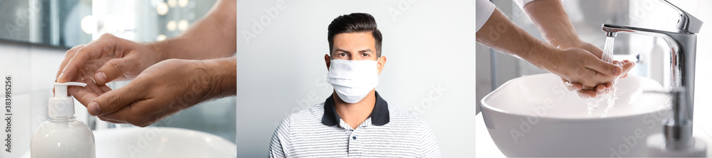 Stop coronavirus spreading. People wearing mask and washing hands to ...