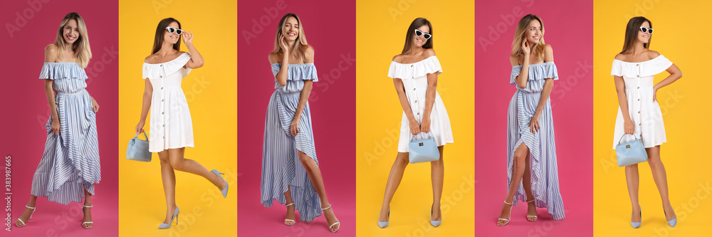 Collage with photos of young women wearing different dresses on bright ...