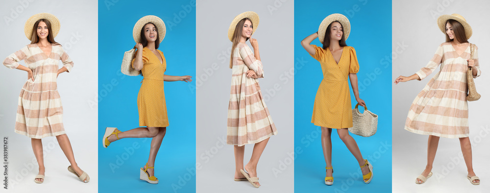 Collage with photos of young women wearing different dresses on bright ...