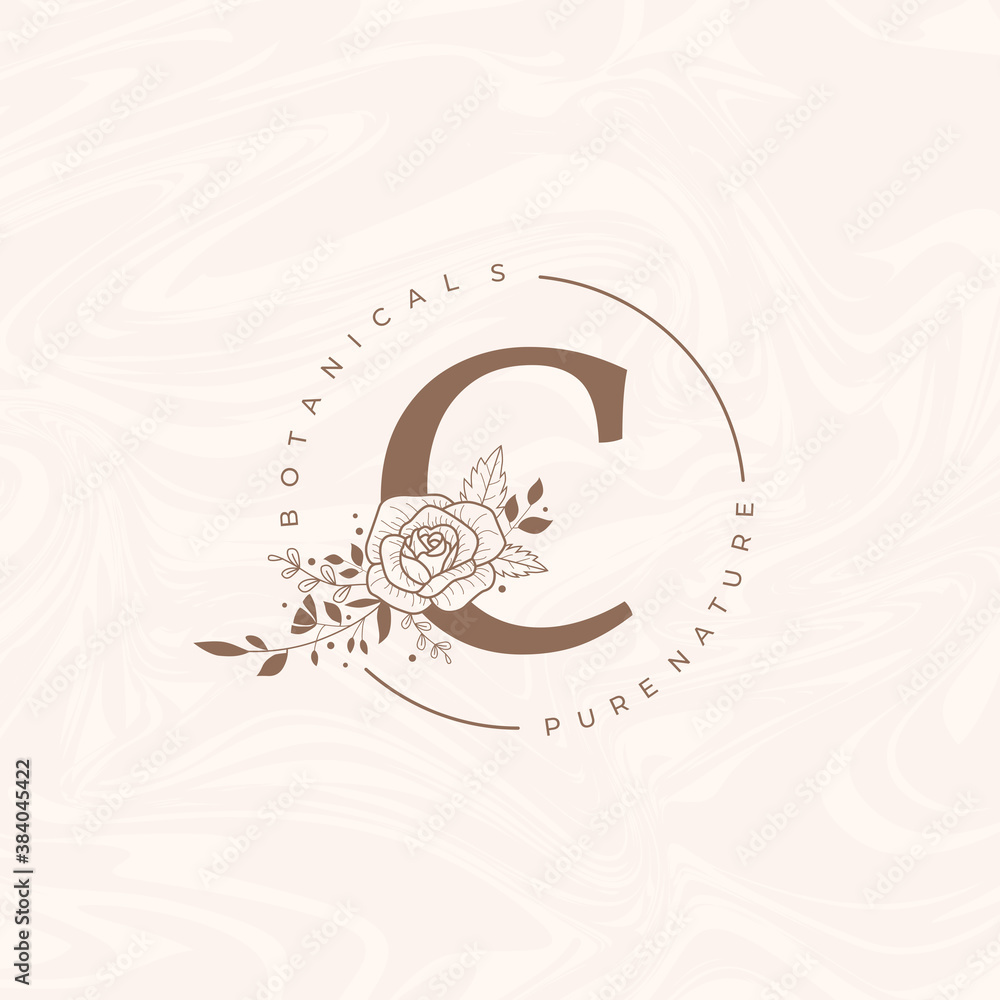 Letter C Botanical Flowers . Initial Wedding Monogram Font Logo. Circle ...