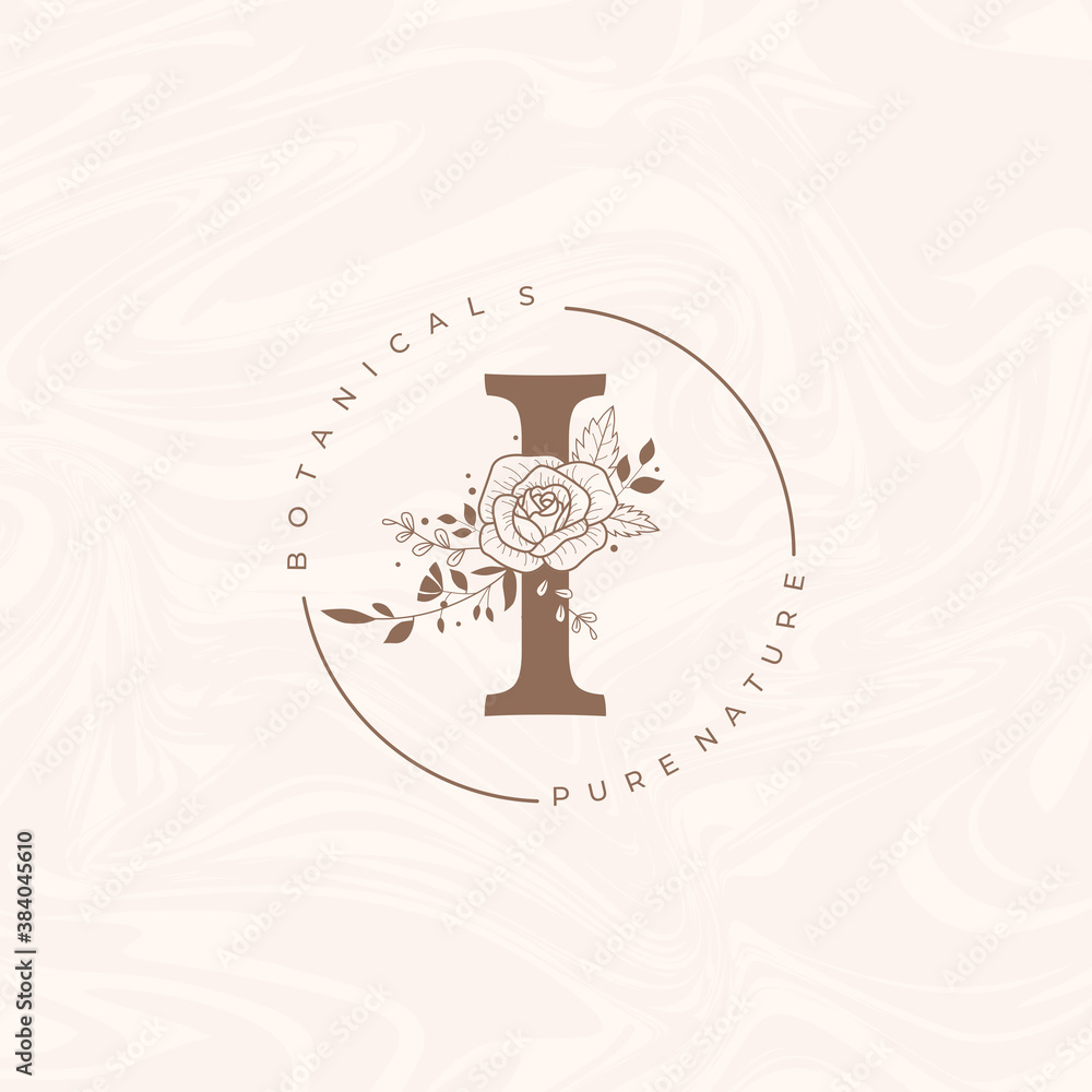 Letter I Botanical Flowers . Initial Wedding Monogram Font Logo. Circle ...