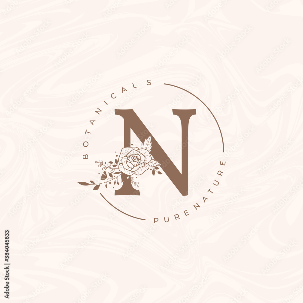 Letter N Botanical Flowers . Initial Wedding Monogram Font Logo. Circle ...
