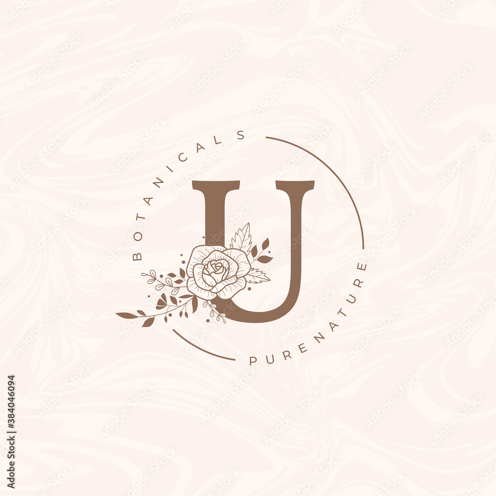 Letter U Botanical Flowers . Initial Wedding Monogram Font Logo. Circle ...
