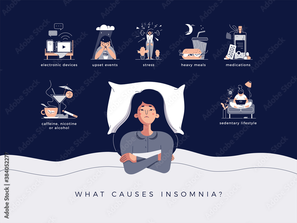 Insomnia concept vector illustration. Young woman lying in bed with ...