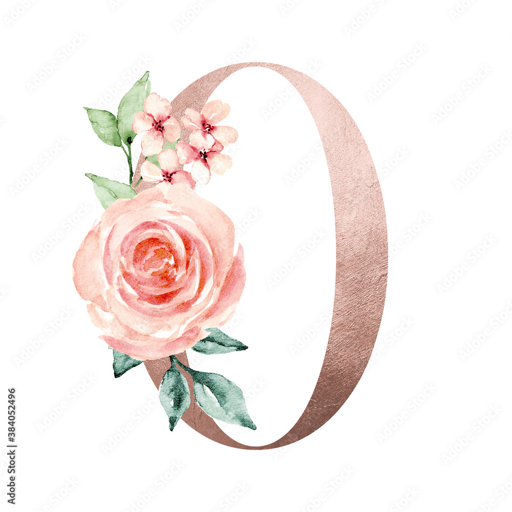 Number 0 with watercolor flowers hand painting. Dusty pink design ...