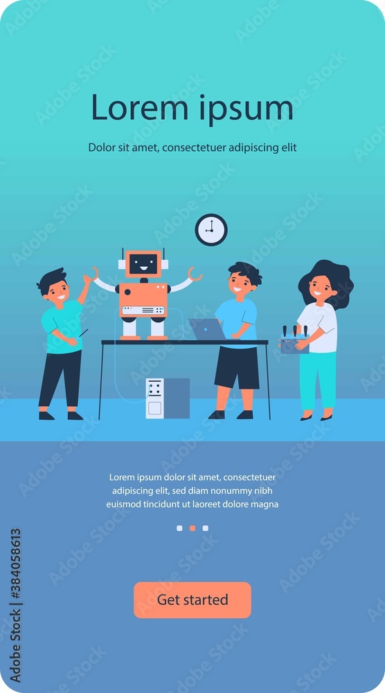 School robotics project. Group of children with laptop and remote ...