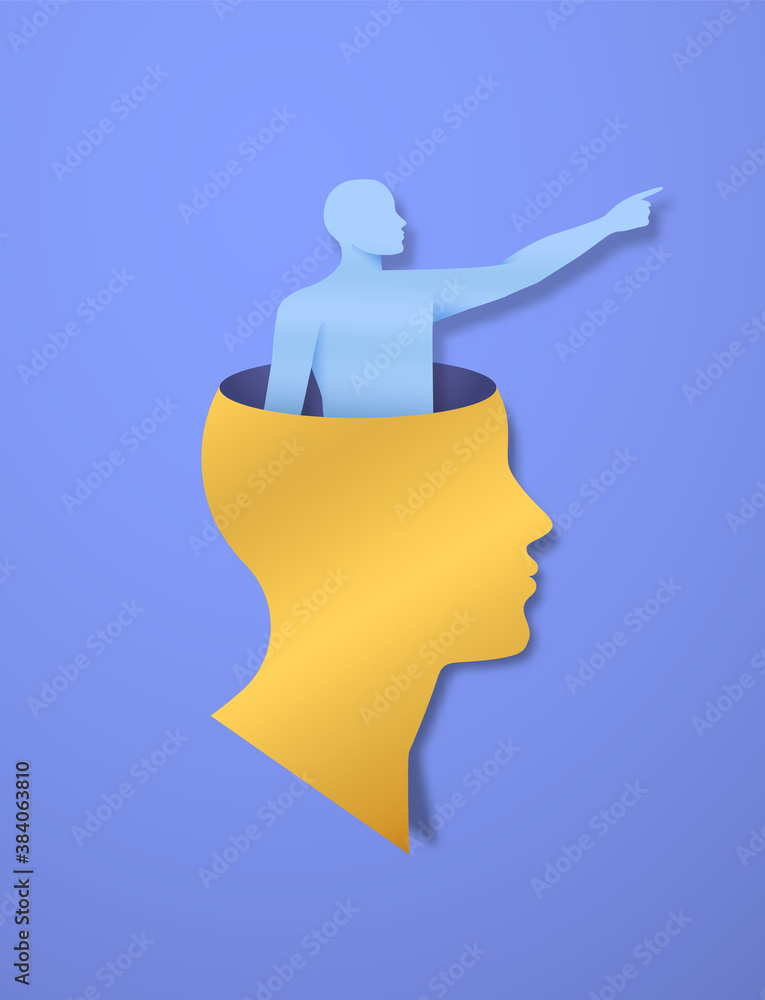 Realistic paper cut human head with man pointing at distance inside. 3D ...