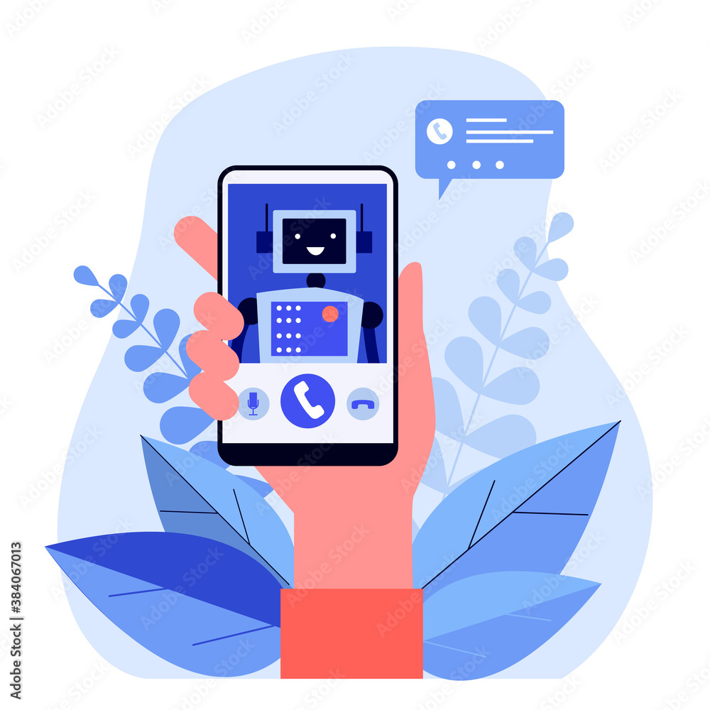 Cartoon hand holding smartphone with robot. Call, contact, phone flat ...