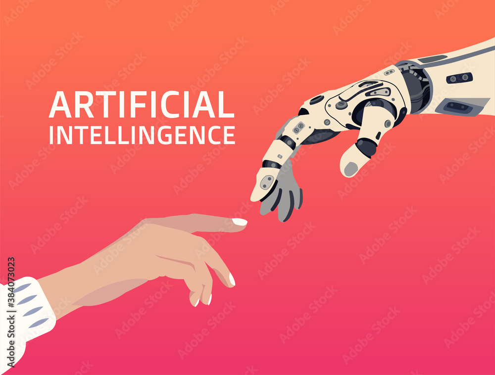 Female and robotic hands which getting closer to each other in gradient ...