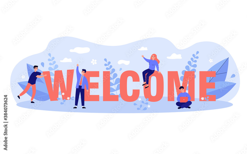 Happy business team welcoming new person to their company. Tiny people ...
