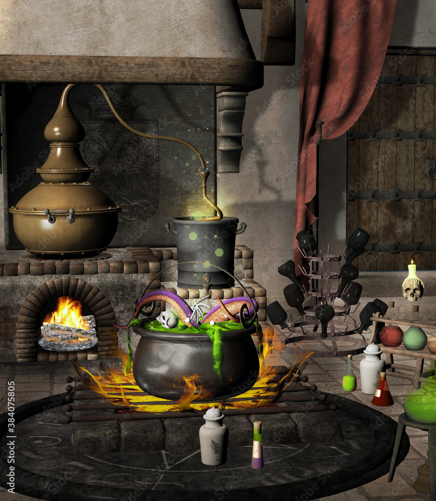 Old mysterious alchemy room with a cauldron and wizard potions Stock ...