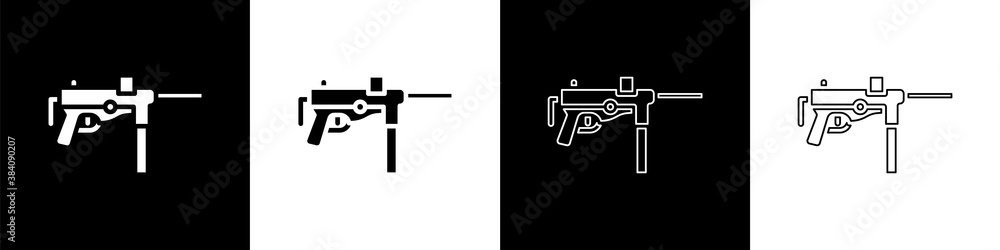 Set Submachine gun M3, Grease gun icon isolated on black and white ...