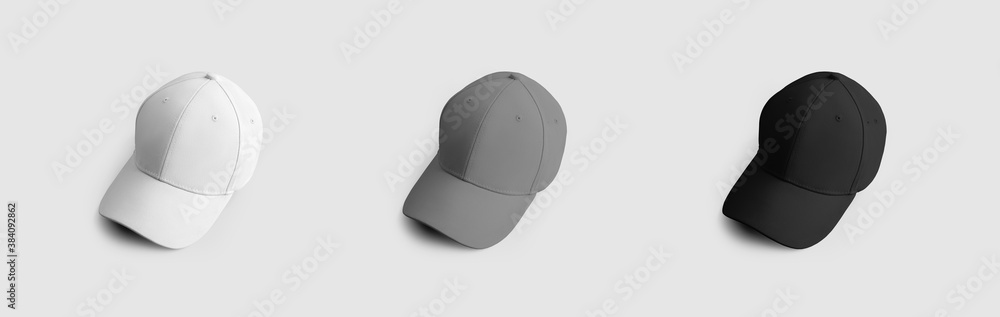 Sports baseball cap template, white, gray, black hat with visor, for ...