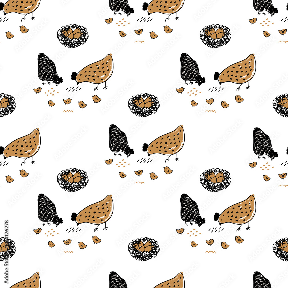 Vintage set of hens. Easter Texture with chicken. Hand-drawn vector ...