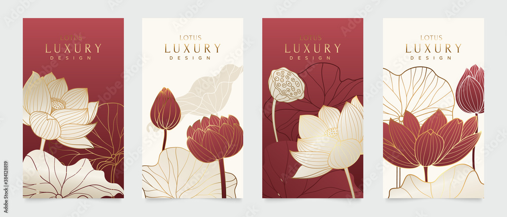 Luxury cover design template. Lotus line arts hand draw gold lotus ...