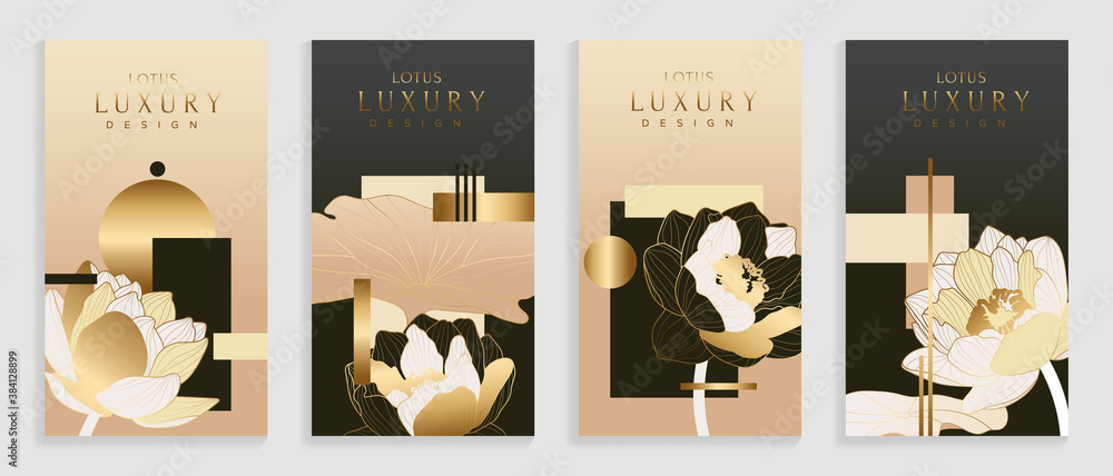 Luxury cover design template. Lotus line arts hand draw gold lotus ...