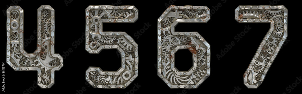 Mechanical alphabet made from rivet metal with gears on black ...