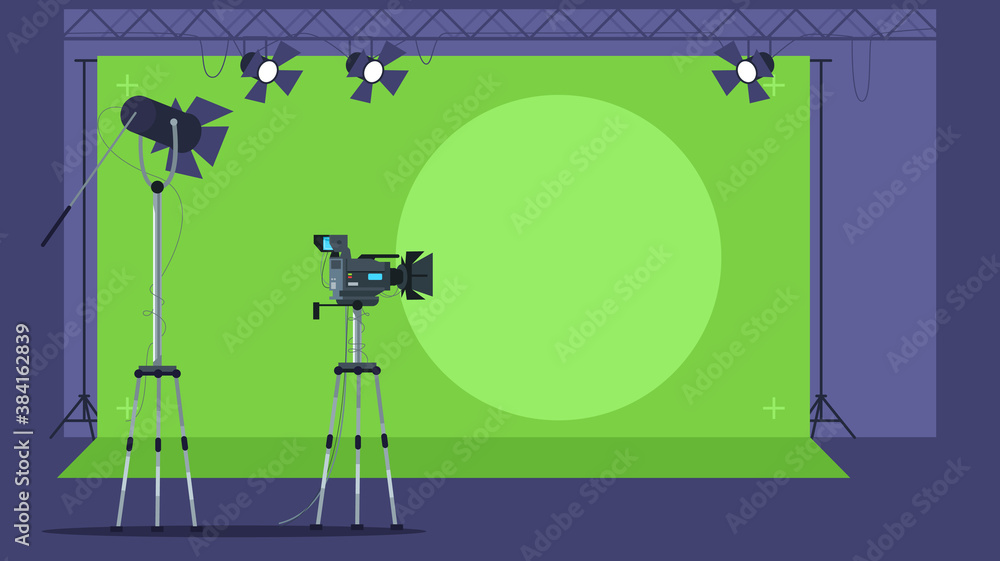 News show filming semi flat vector illustration. Professional ...