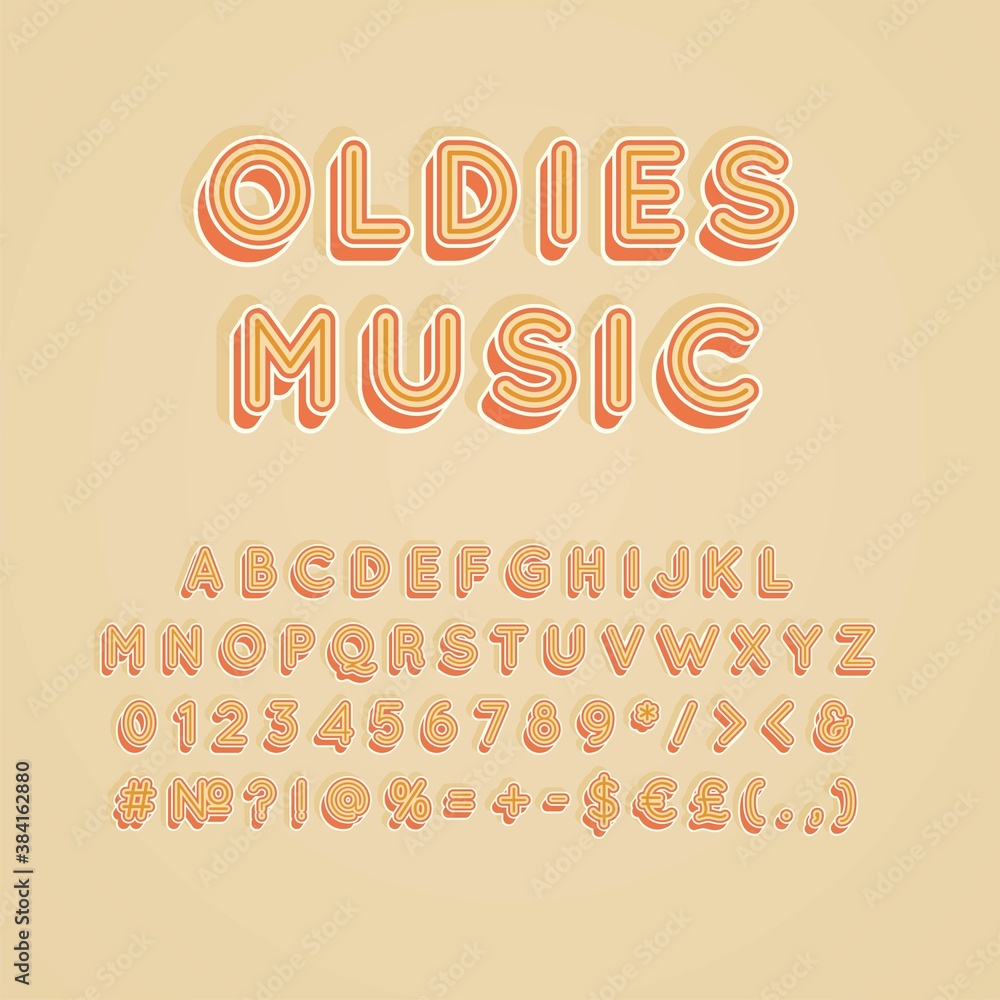 Oldies music vintage 3d vector alphabet set. Retro bold font, typeface ...