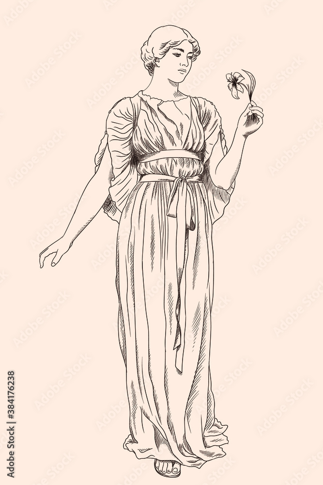 An ancient Greek girl in a tunic with a flower in her hand. Hand sketch ...