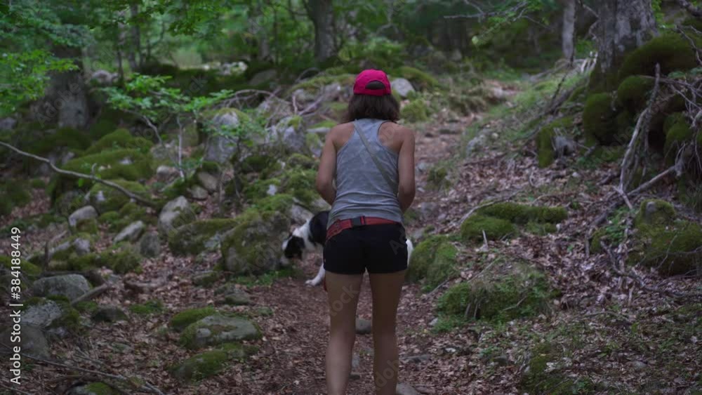 Young girl and her dog walk along a path in a magical and spectacular ...