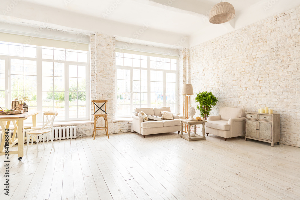 Large spacious room with a trendy loft design of sitting area. huge ...