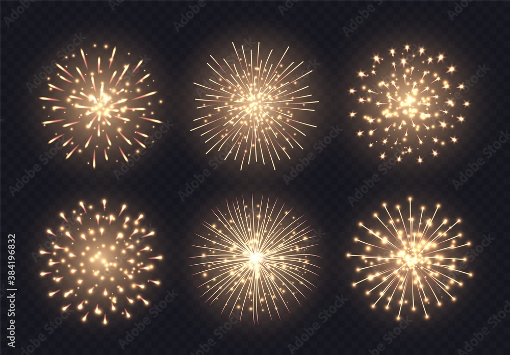 Golden fireworks collection, realistic firecracker explosions set ...