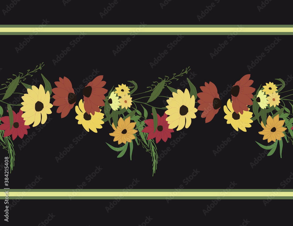Seamless border with flowers of multi-colored daisies on a dark cherry ...
