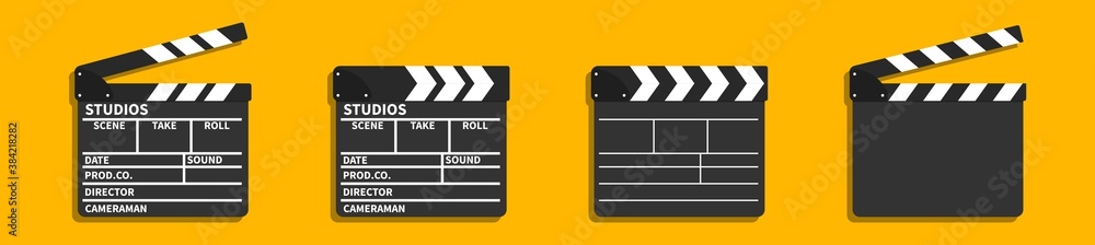 Vector 3d realistic opened movie film clap board icon set closeup on ...