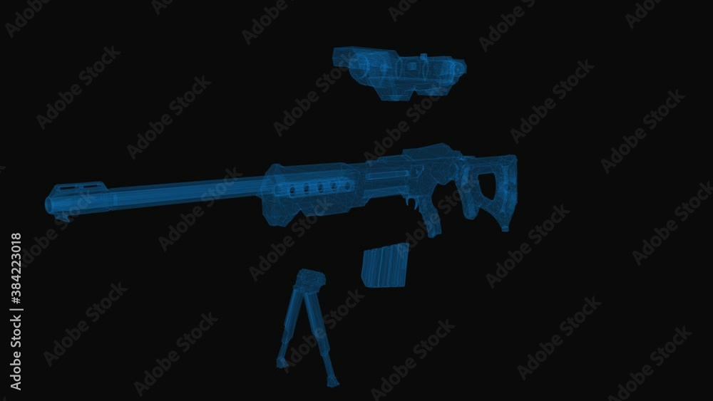 Parts of sniper rifle wireframe scheme. 3d render with blue grid lines ...