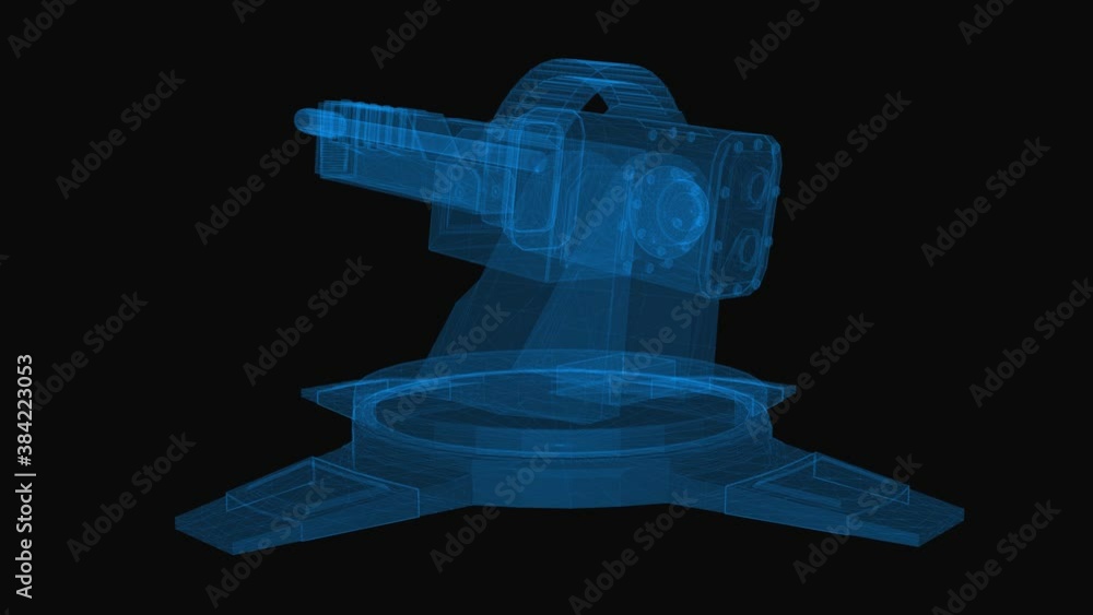 Futuristic machine gun turret wireframe scheme. 3d render with blue ...